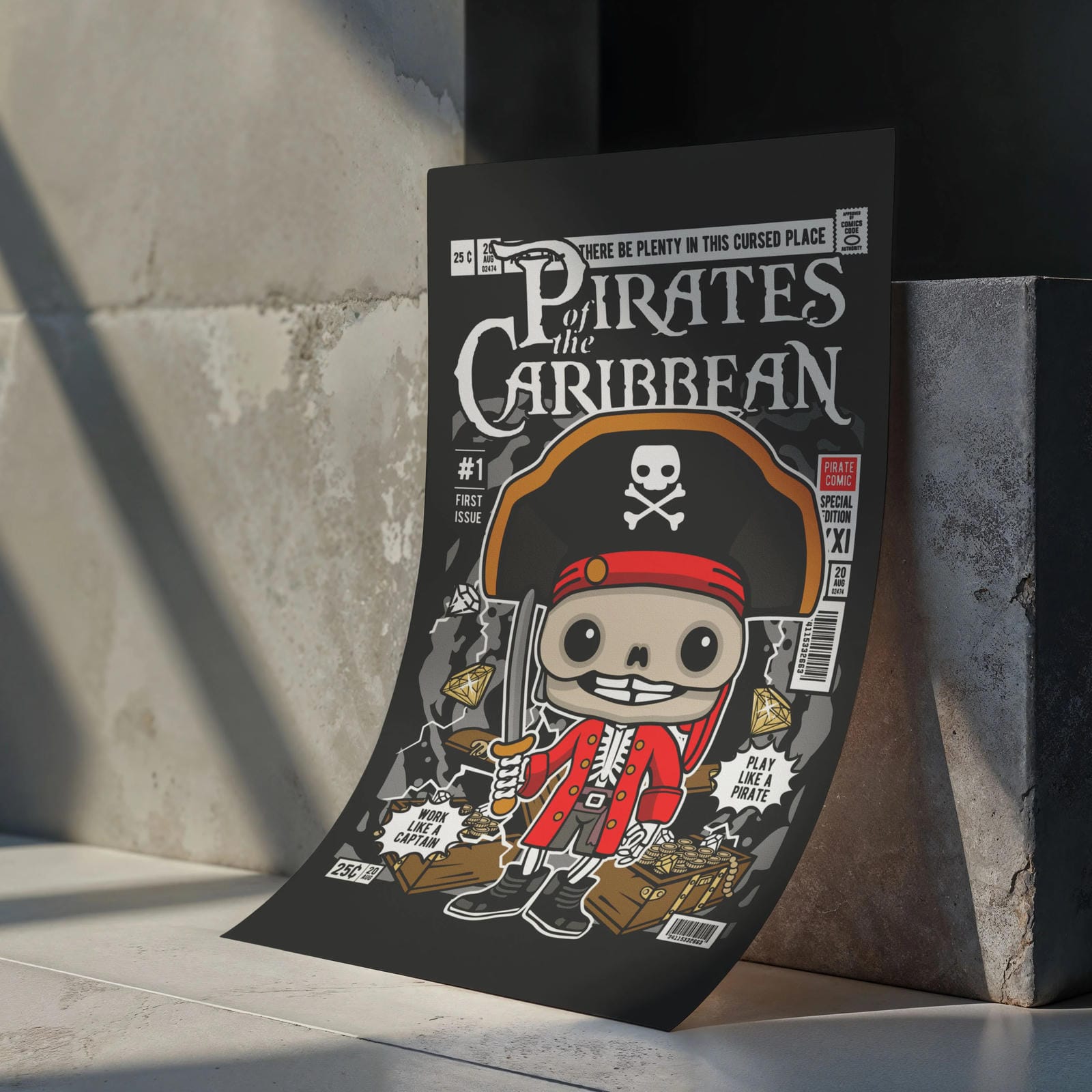 Jolly Roger Pirates of Caribbean – Retro Cartoon Comic Poster – Moshi Tu